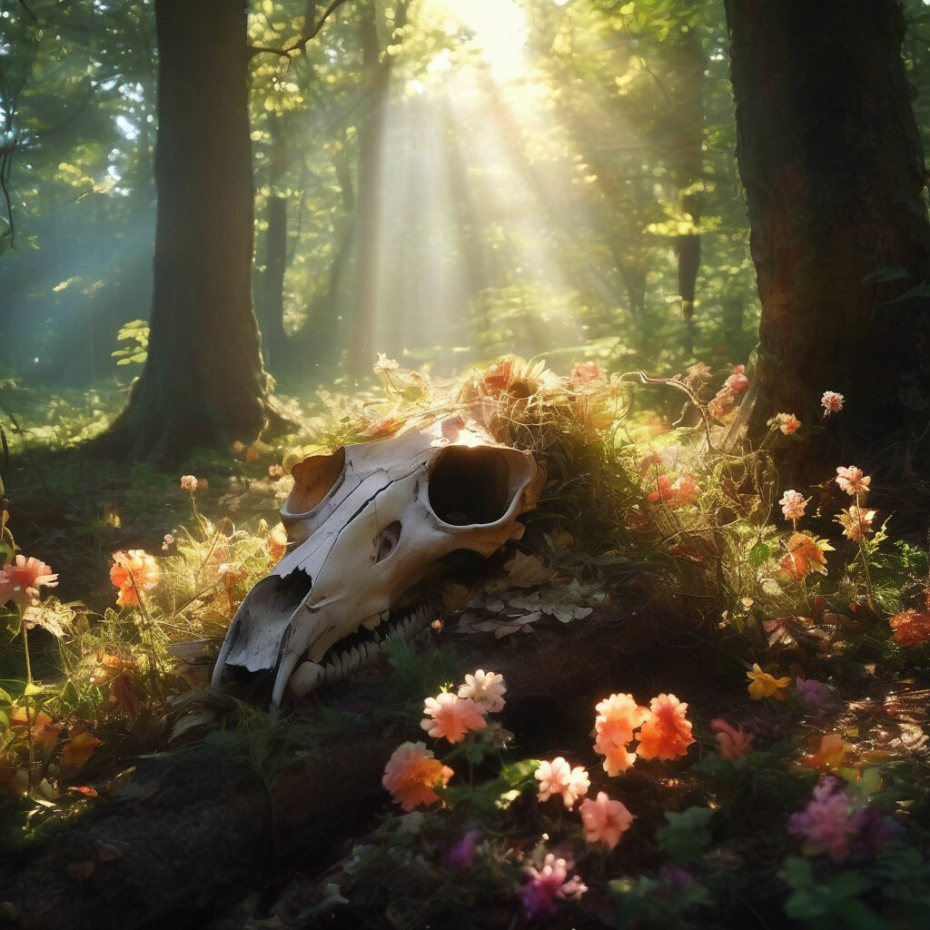 "The skeleton of an animal, overgrown with flowers, lies in the forest ...