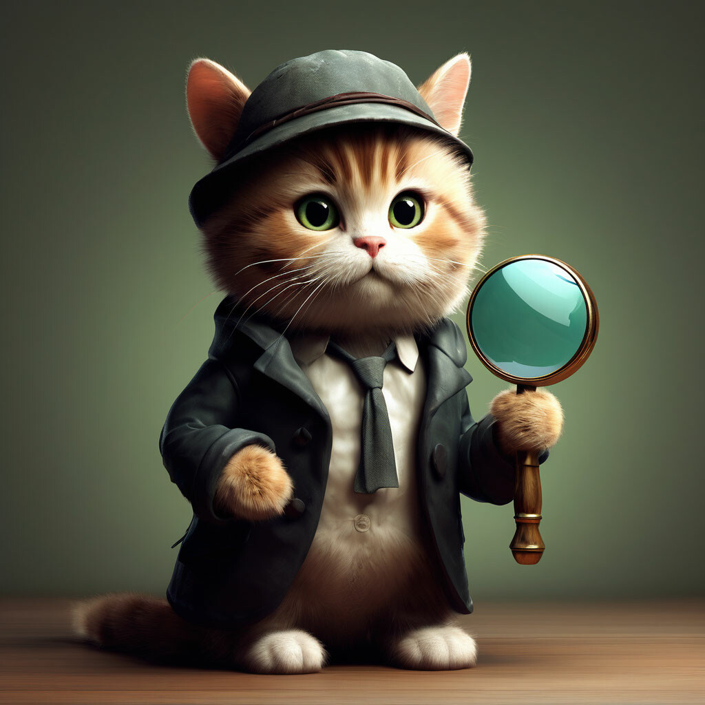 "Cute cat detective with a magnifying glass in his paw is more ...