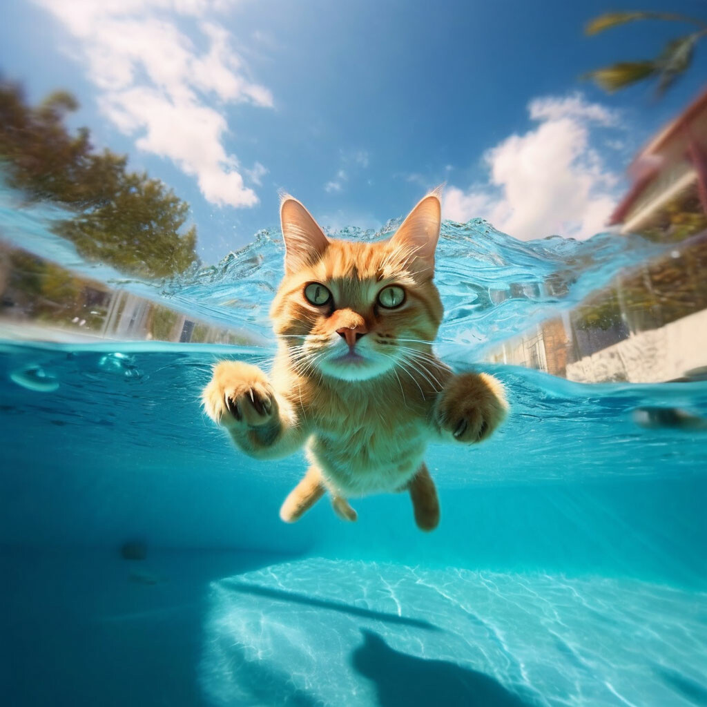"The cat dives into the pool like a child on the cover of the Nevermind ...