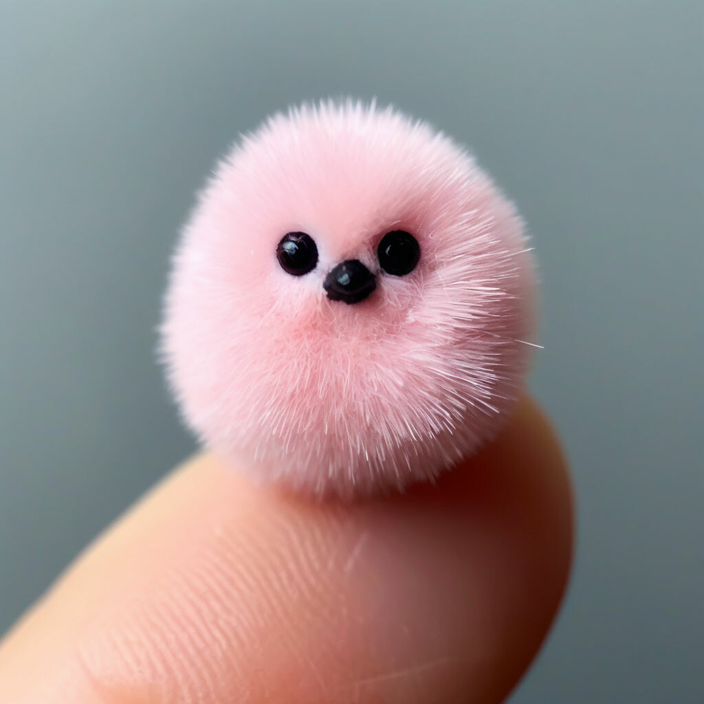 "A tiny soft pink fluffy ball, right very small, it has a white tummy ...