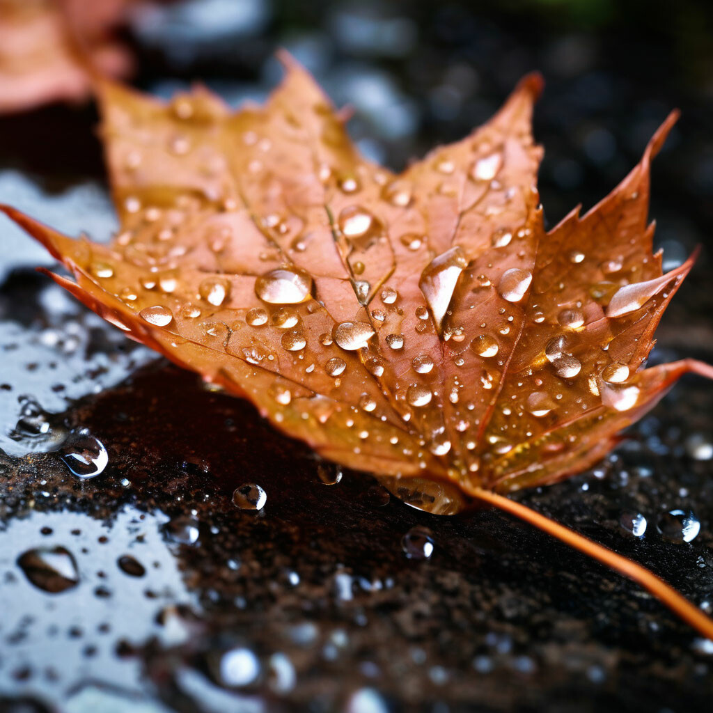 "Maple leaf in raindrops" — image created in Shedevrum