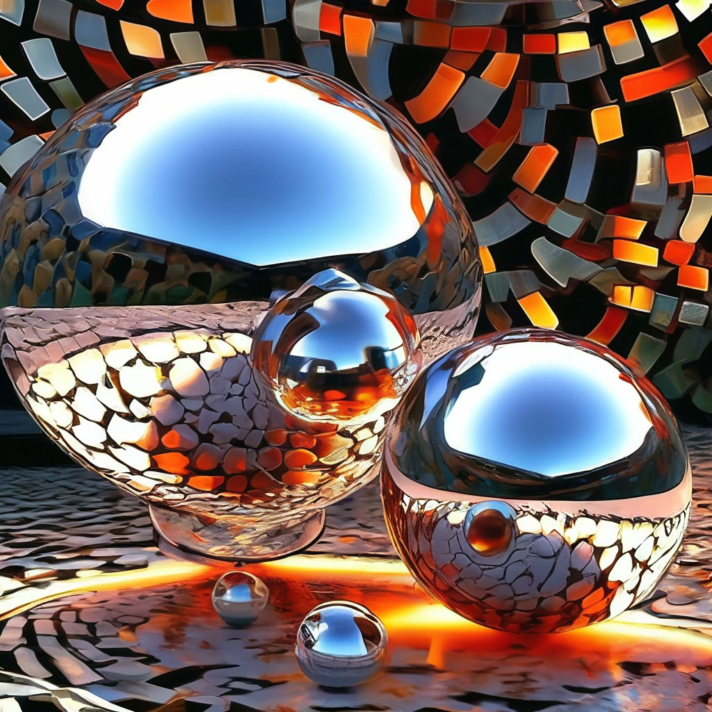"Chrome balls,flowers, thin white lines, fractals, vortices, curls ...