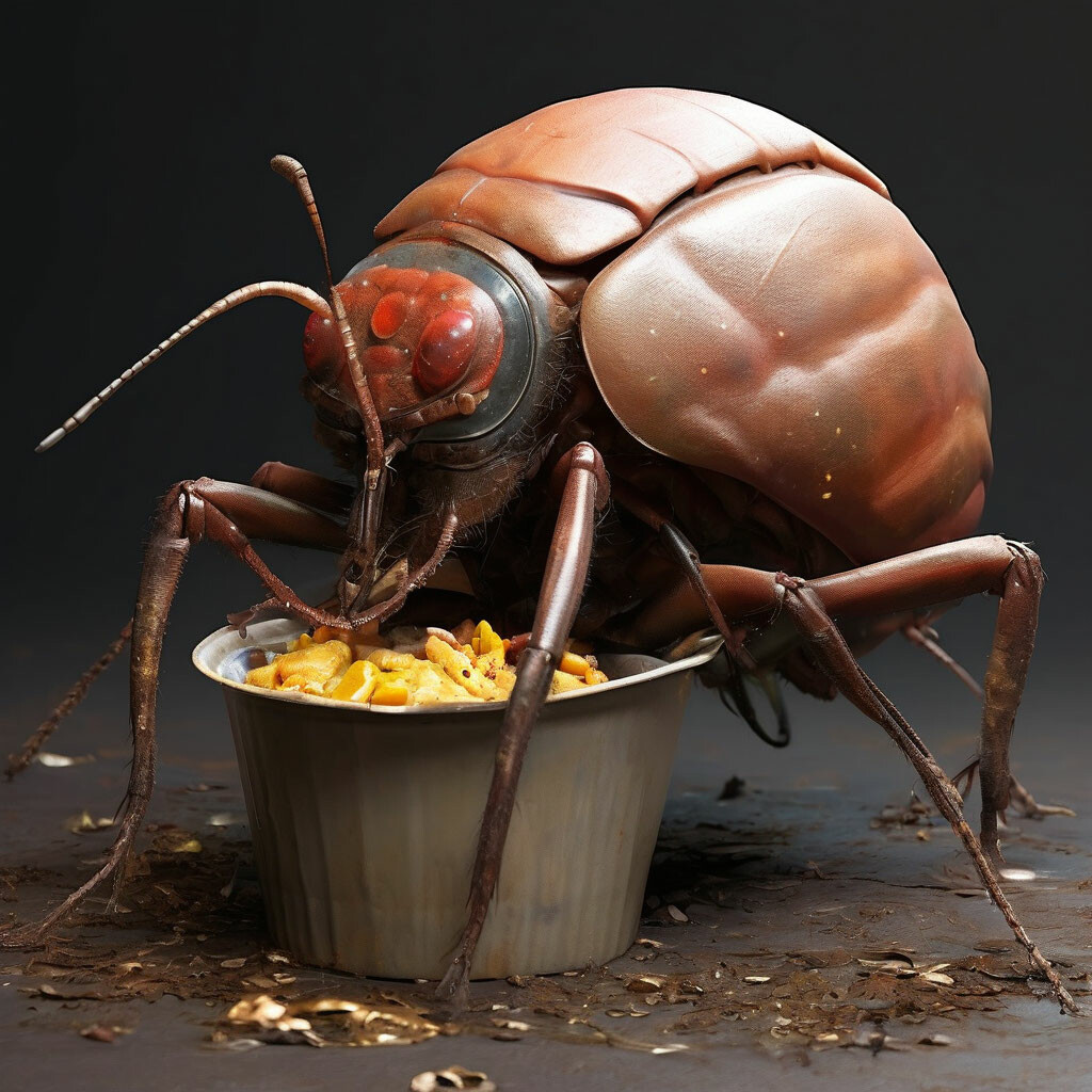 "A fat bug with a human face is eating out of the trash" — image ...