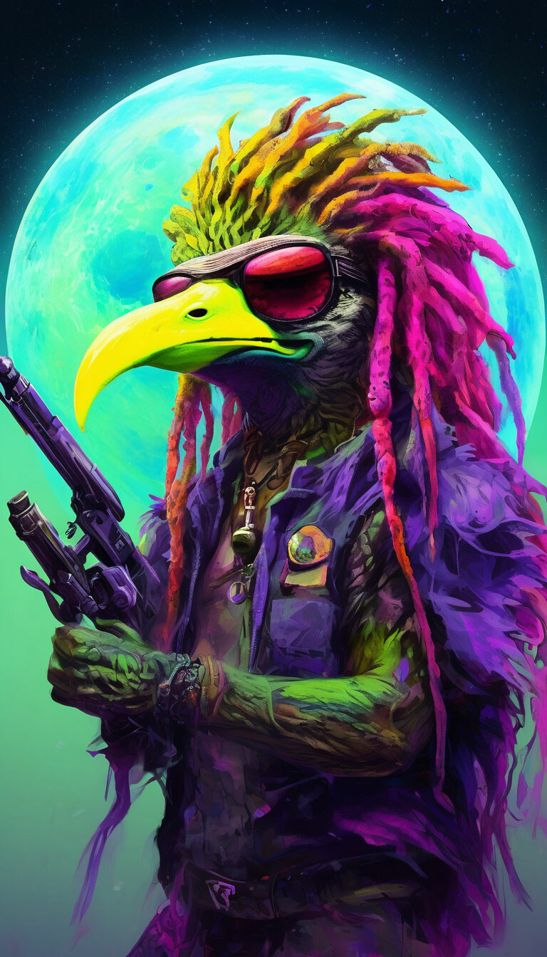 "Acid moon, an alien bird with a bunch of dreadlocks in sunglasses with ...