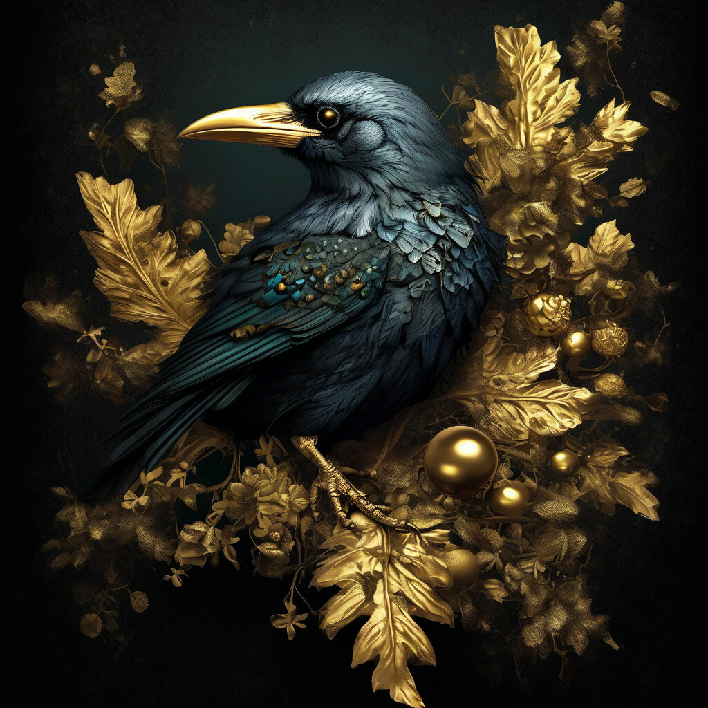 "Dark botanical art, graphic,gold dust,horror,real raven epic, Durer ...