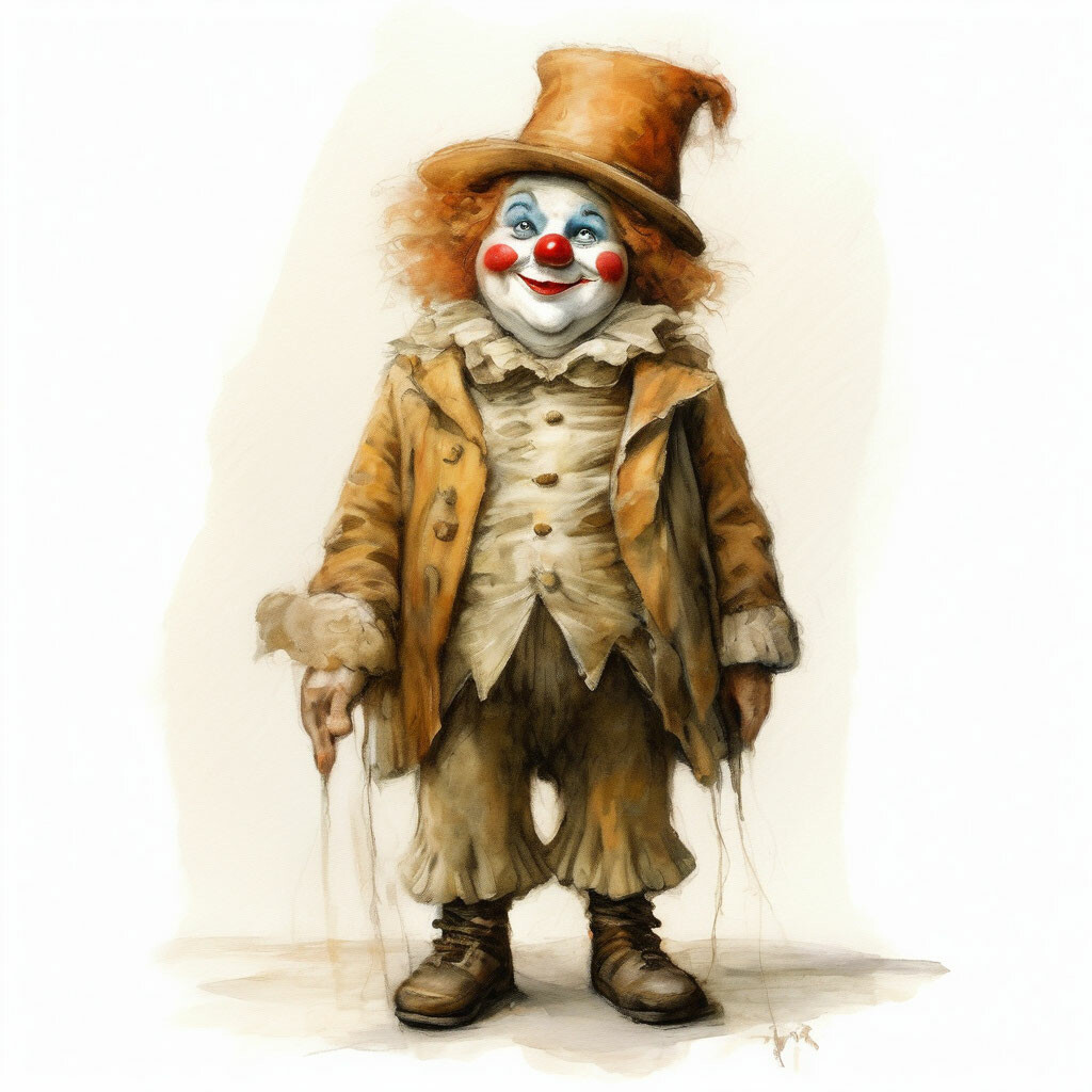 "Clown ,illustration, full-length portrait, drawing,graphite+ochre ...