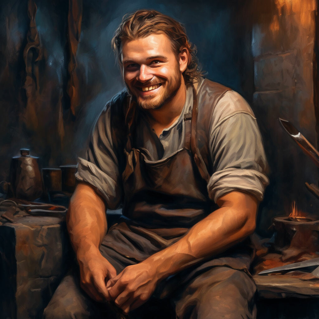 "Ilya the blacksmith is forging a sword, sitting resting, smiling ...