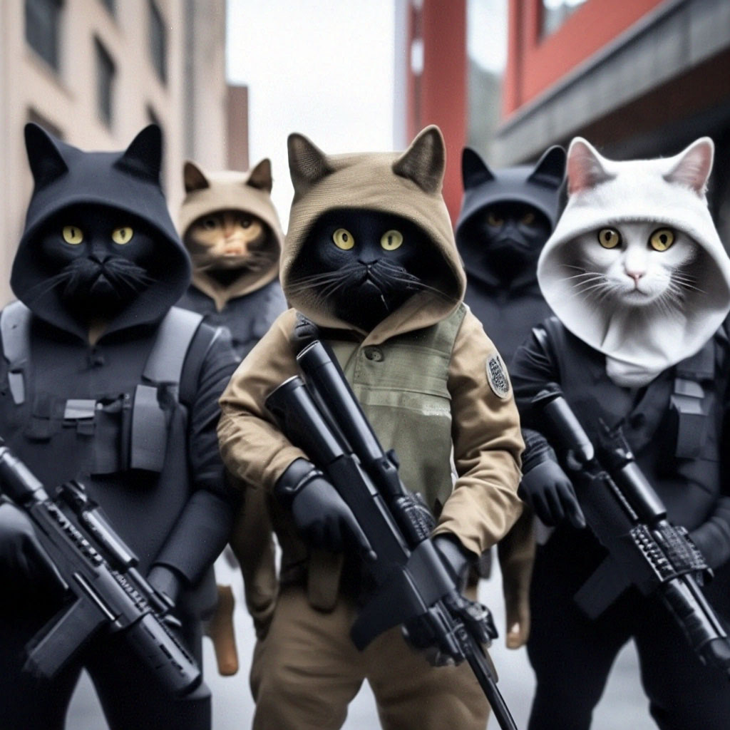 "A gang of armed cats in masks steals cat food" — image created in ...