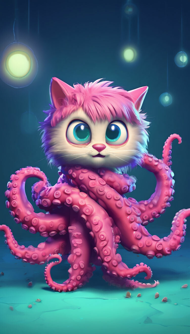 "Fluffy, cartoon, cat, animation, octopus tentacles" — image created in ...