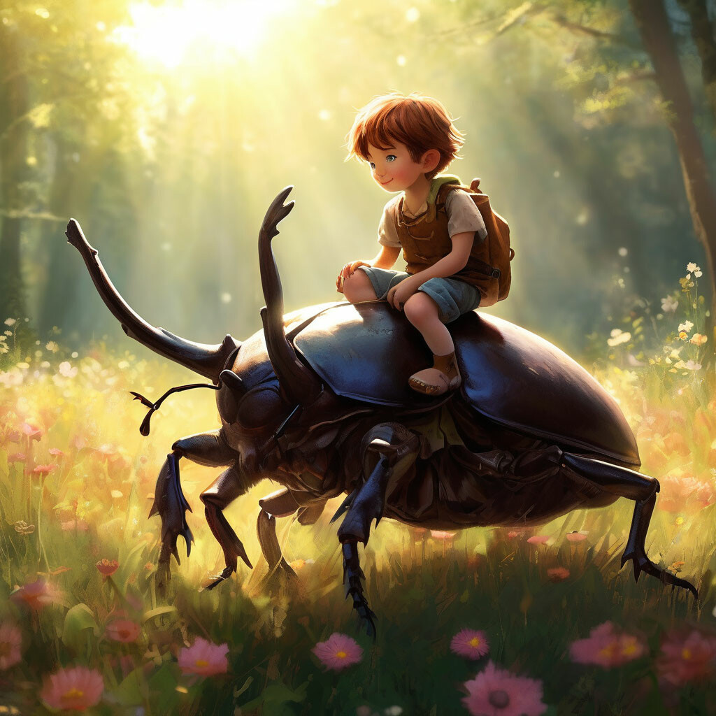 "A dwarf boy sits astride a deer beetle, a clearing, flowers, the sun ...