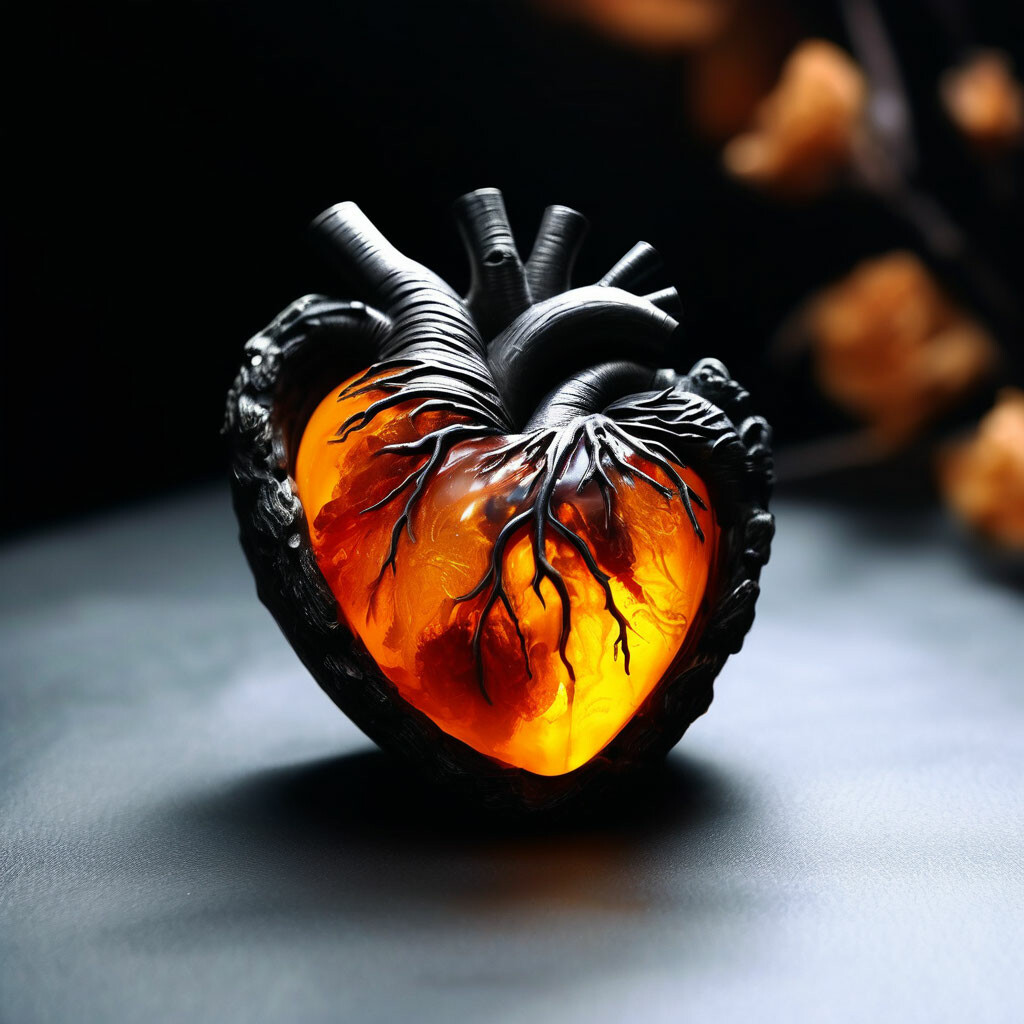 "An anatomical heart made of lava is a magical artifact in amber in a ...
