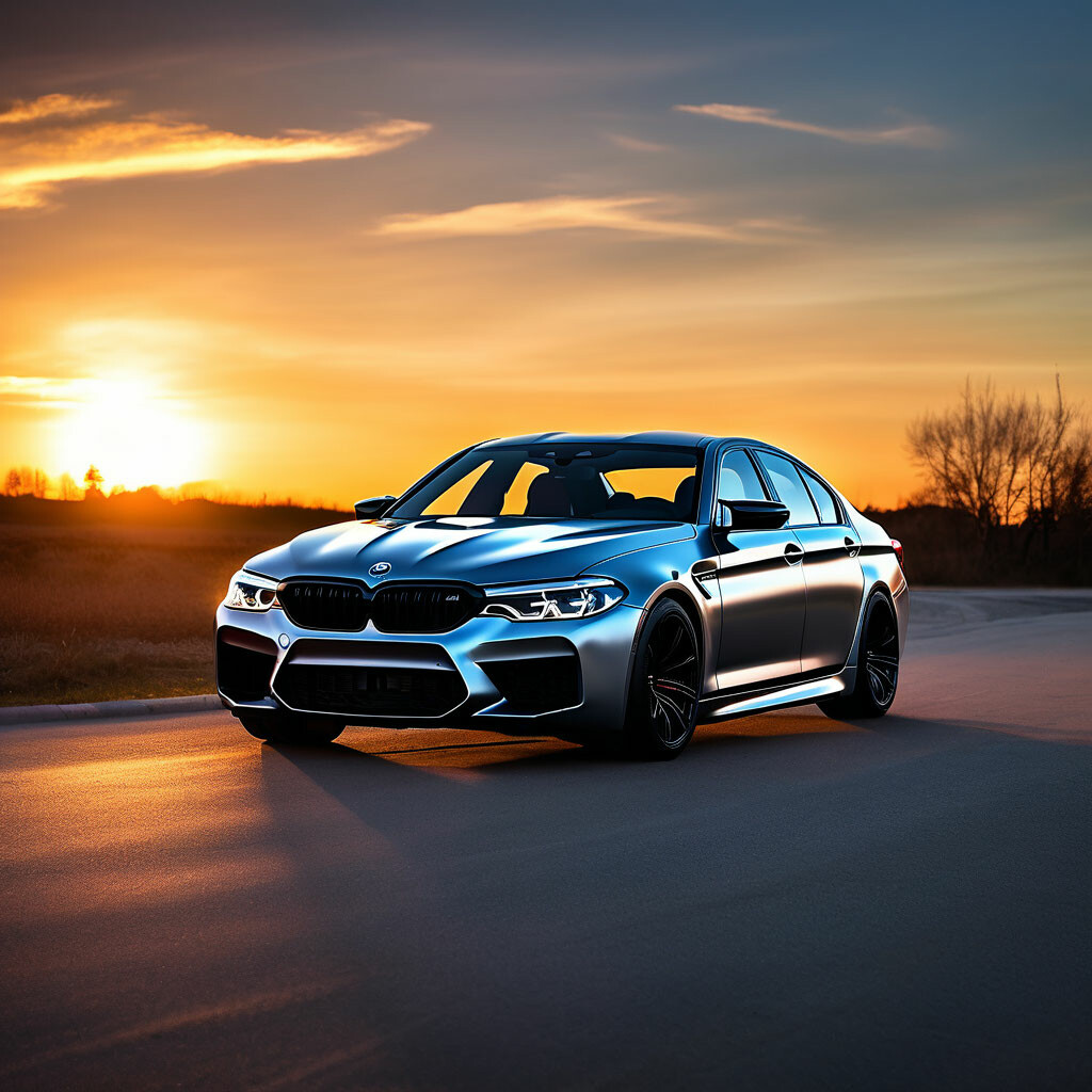 "The M5 car at sunset" — image created in Shedevrum