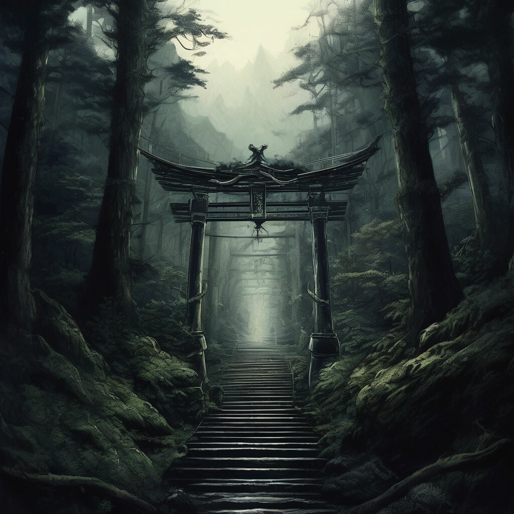 "The forest, the Tori Gate leading up the mountain darkfantasy,epic ...