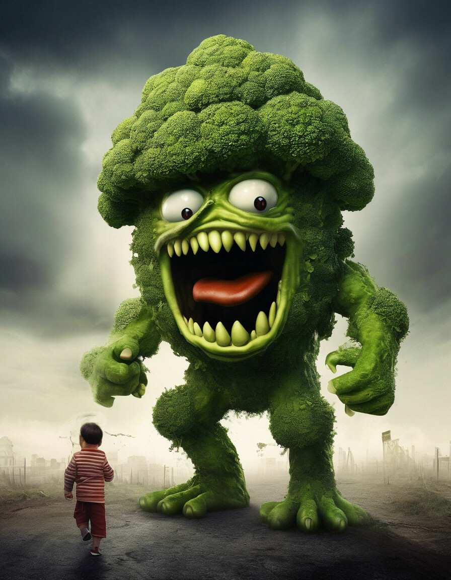 "The Broccoli monster is the enemy of all children" — image created in ...