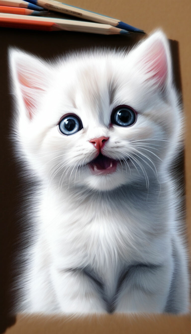 "Kitten white realistic, joyful, mischievous curious look portrait ...