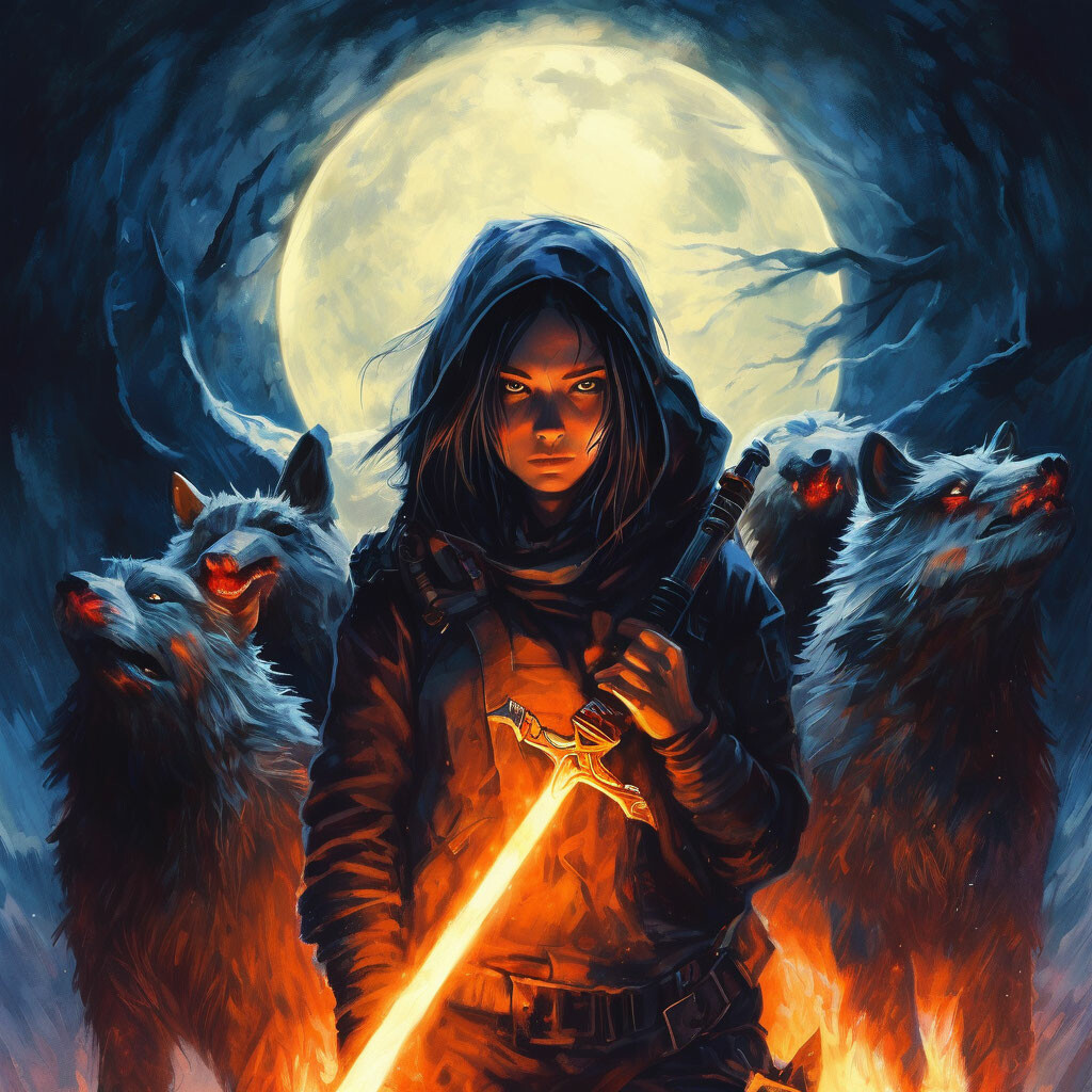 "The stalker girl holds a glowing fiery sword in her hands there are ...