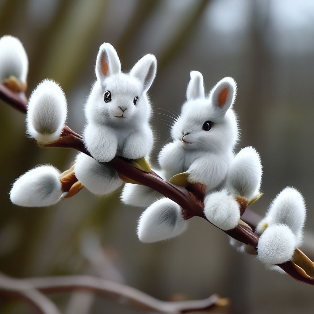 "Palm rabbits on a willow branch there are tiny round fluffy cute gray ...