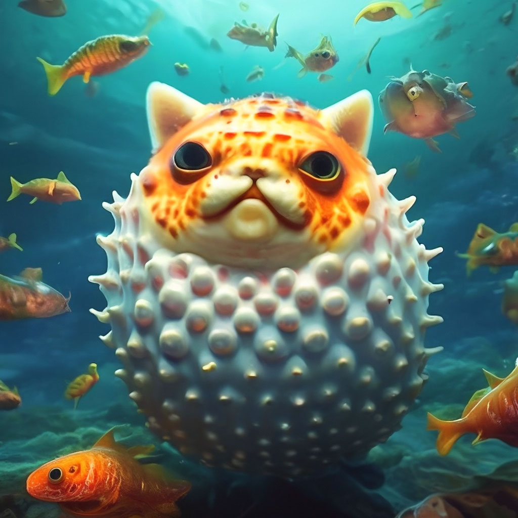 "Puffer fish in the form of a cat on the ocean floor with fish and ...