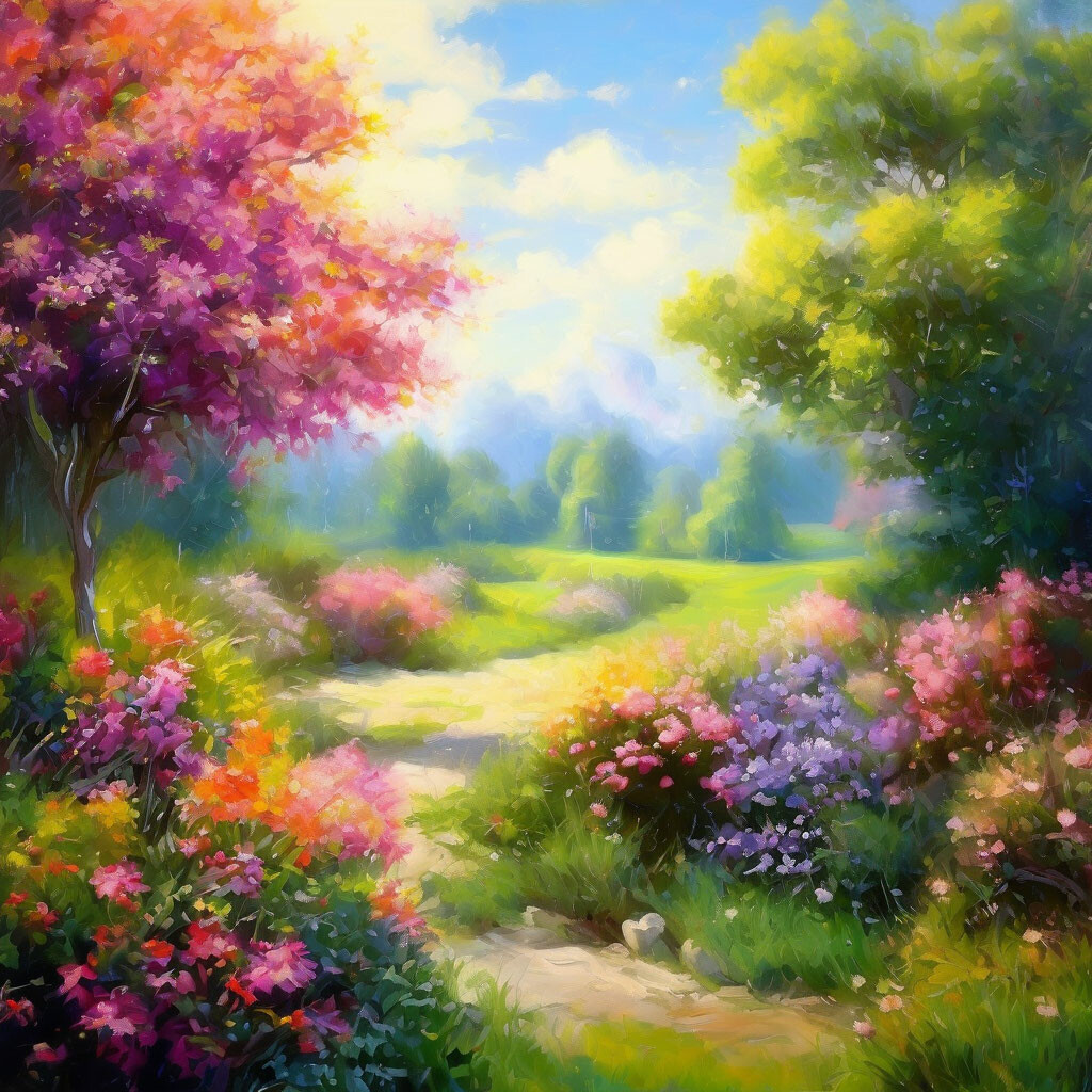 late spring, landscape, trees, flowers, shrubs, clear focus, …" — image ...