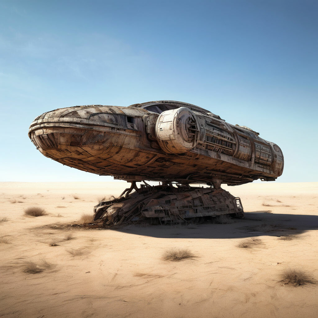 "A rusty starship from Star Wars, standing on the ground, surrounded by ...