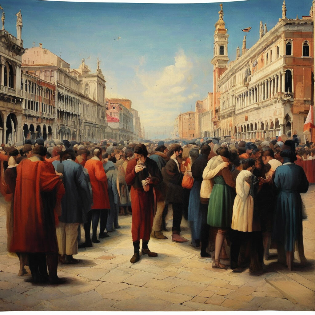 "The queue for iPhones .Venice. The year is 1642. tapestry" — image ...
