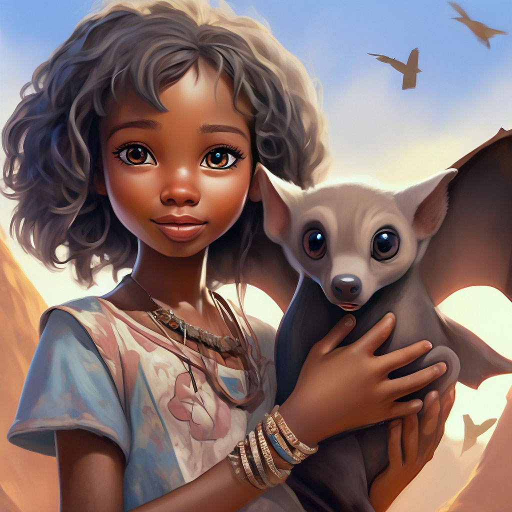 "A girl with big eyes in Africa holds a huge bat by the wings a lot of ...