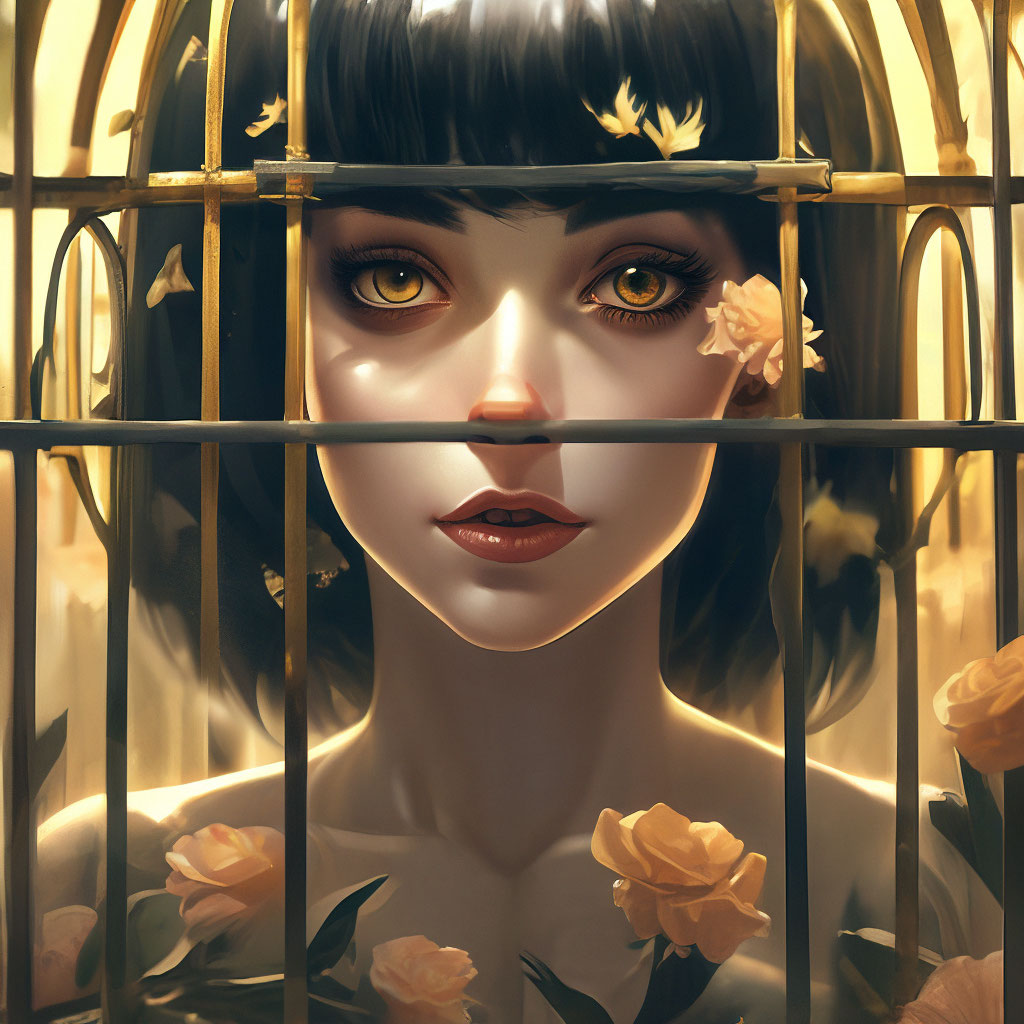 "Horror movie illustration, sinisterly, close-up, a woman with a square ...