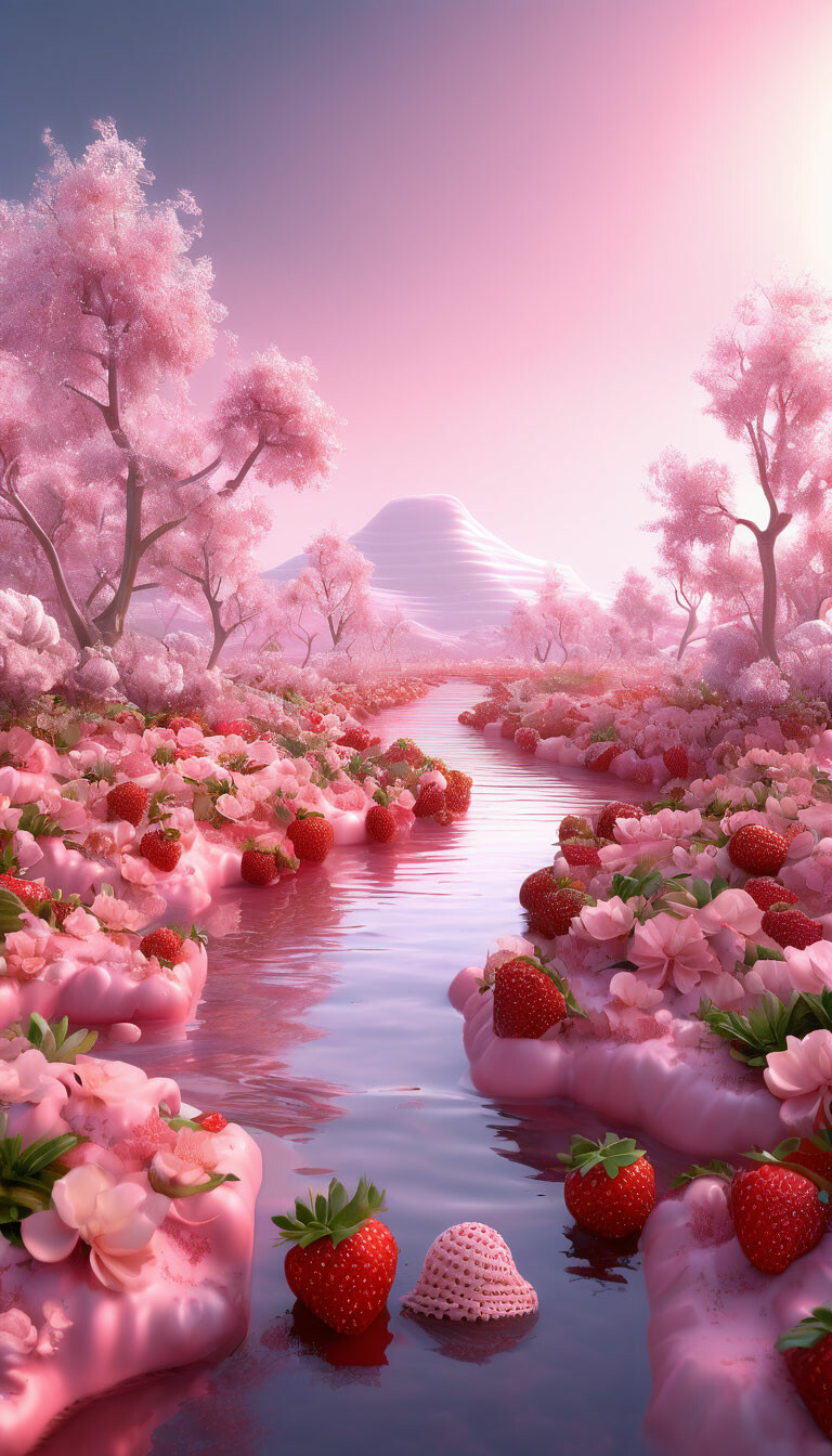 "Pink dreamscape with creamy river, strawberries and vanilla flowers ...