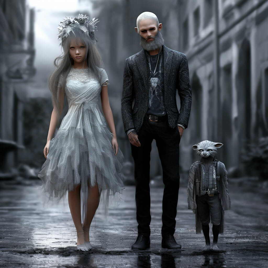 "Photorealism,beautiful, love Elf and mafia alien animals, in a dress ...