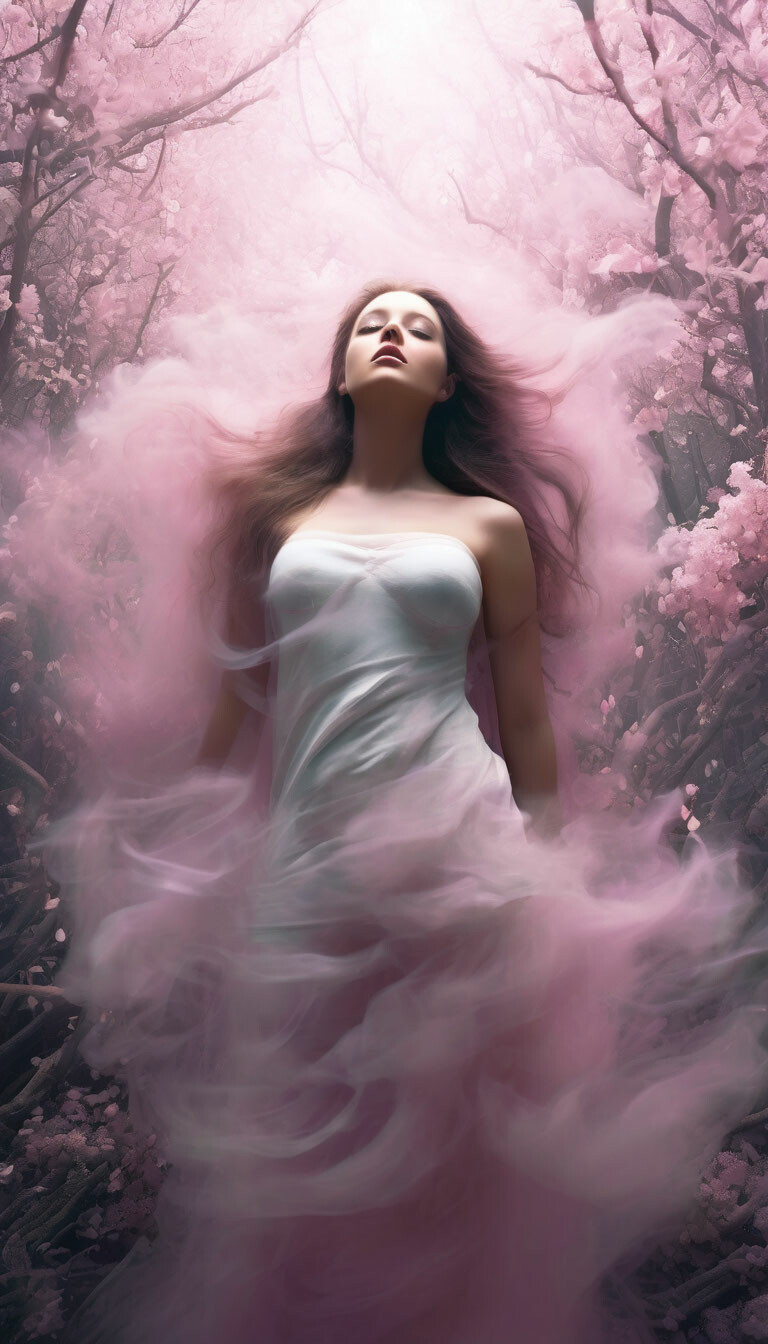 "Top view, beautiful woman, very long hair in zero gravity, body ...