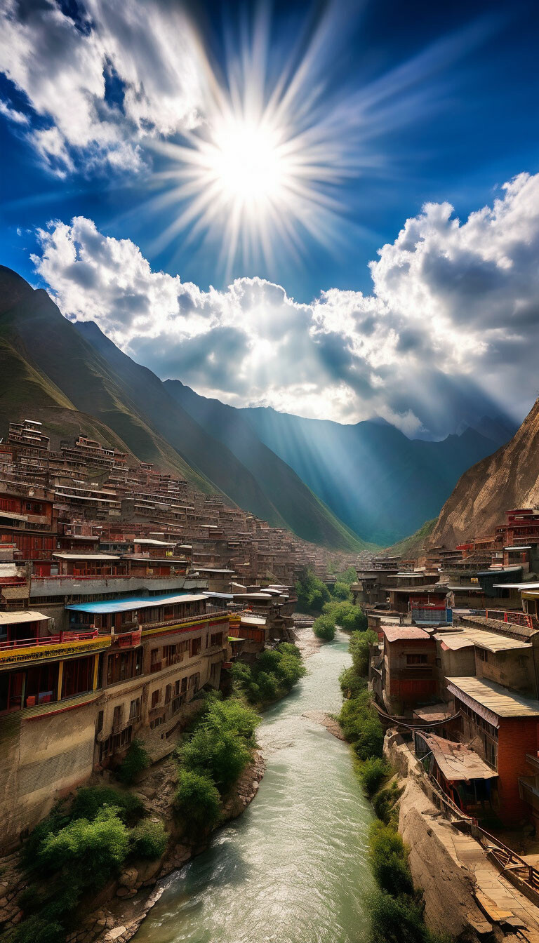 "The world's narrowest city is Yanjing, Tibet, China. Sun rays, bird ...