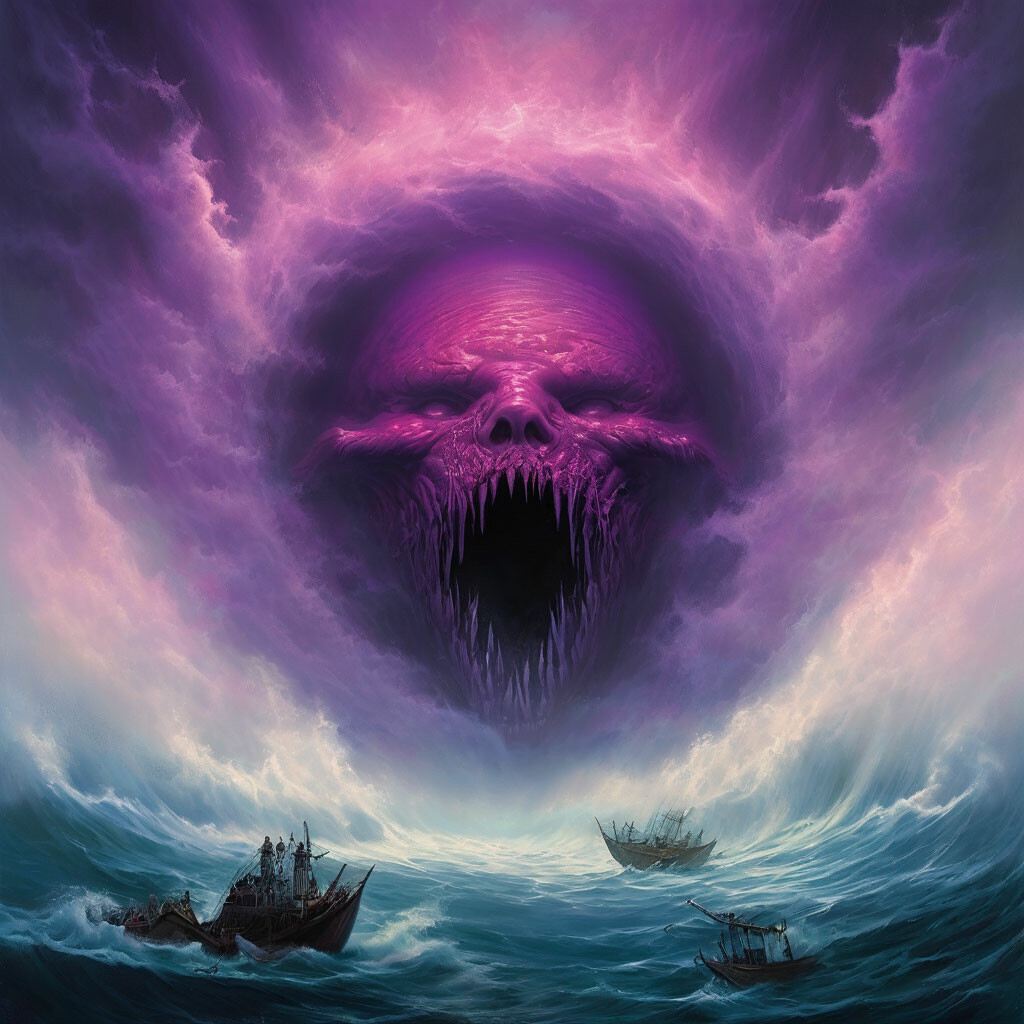 "Харибда real cinematic Boris Vallejo Island Horror, purple Moon, storm ...