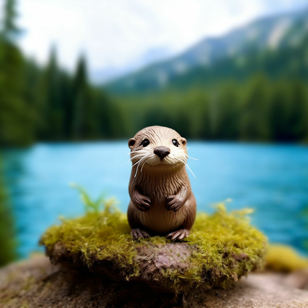 "A tiny miniature cute fluffy realistic otter on the background of a ...