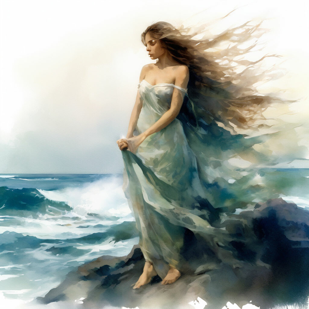 "The lady of the seas and oceans, fabulously beautiful, watercolor ...