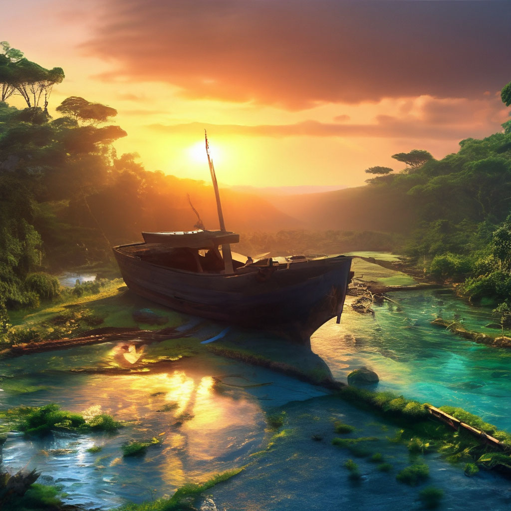 "View from afar, jungle, long river, large sunken boat, post-apocalypse ...