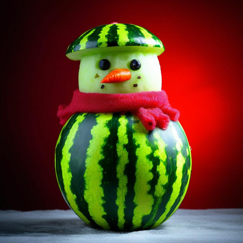 "Watermelon snowman, realistic, close-up, high detail, high resolution ...