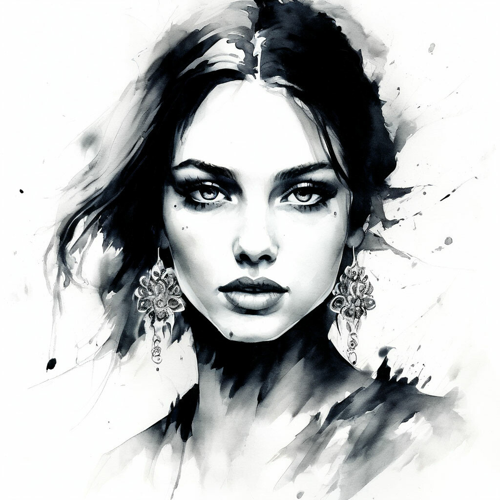 "Black, white expressive bright portrait of a girl in ink with wide ...