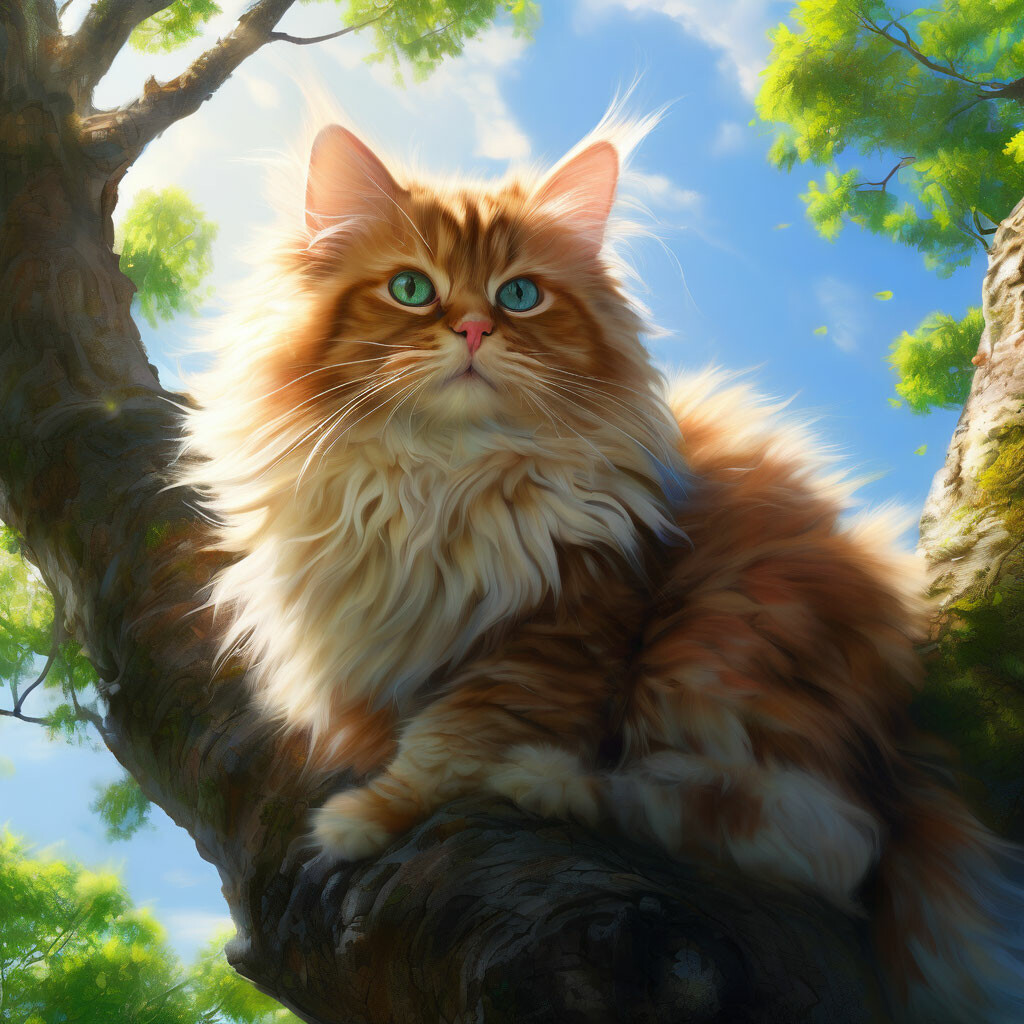 "A beautiful fluffy cat sits on a tree with stunning views ...
