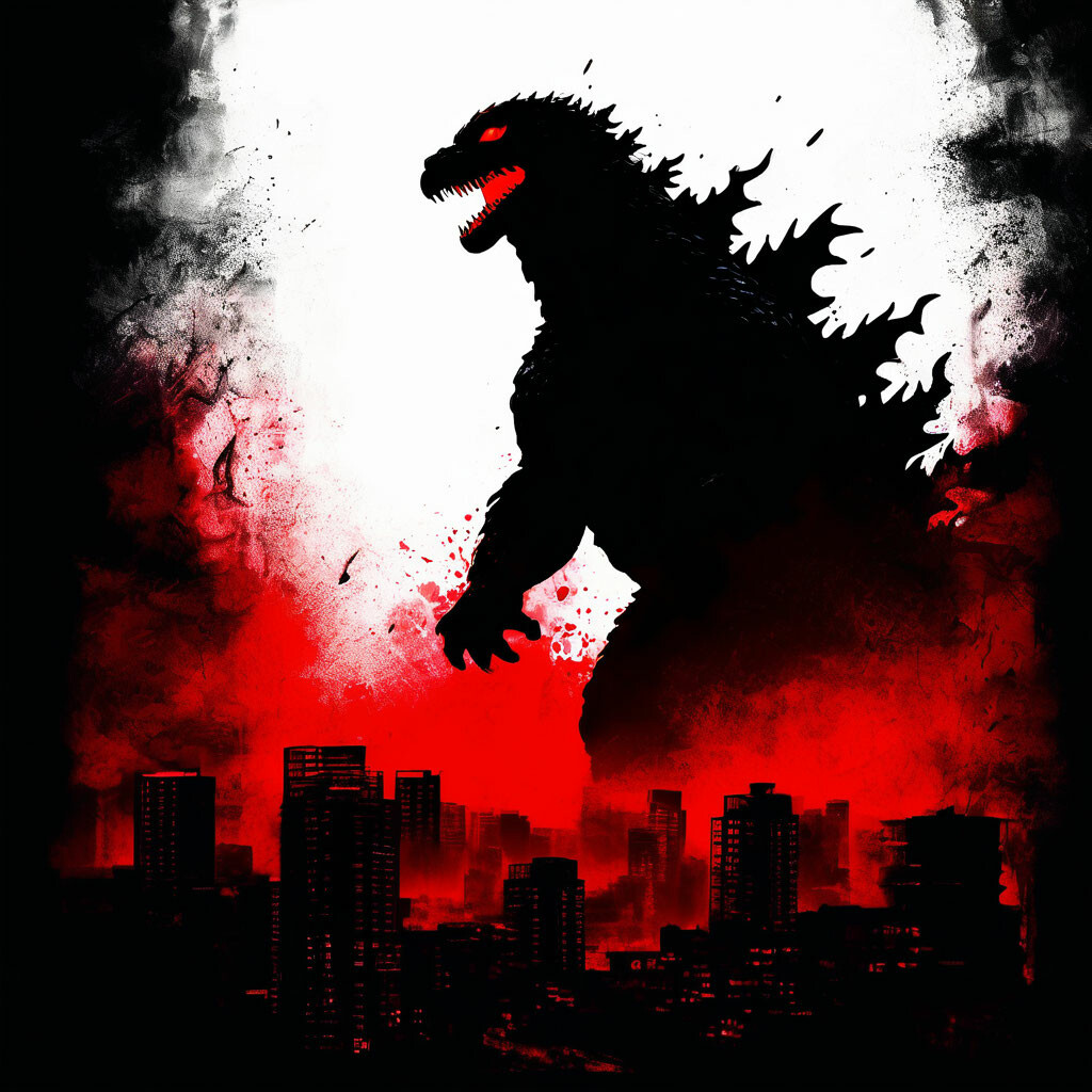 "Godzilla destroys the city of Tokyo, flame, darkness, splashes of red ...