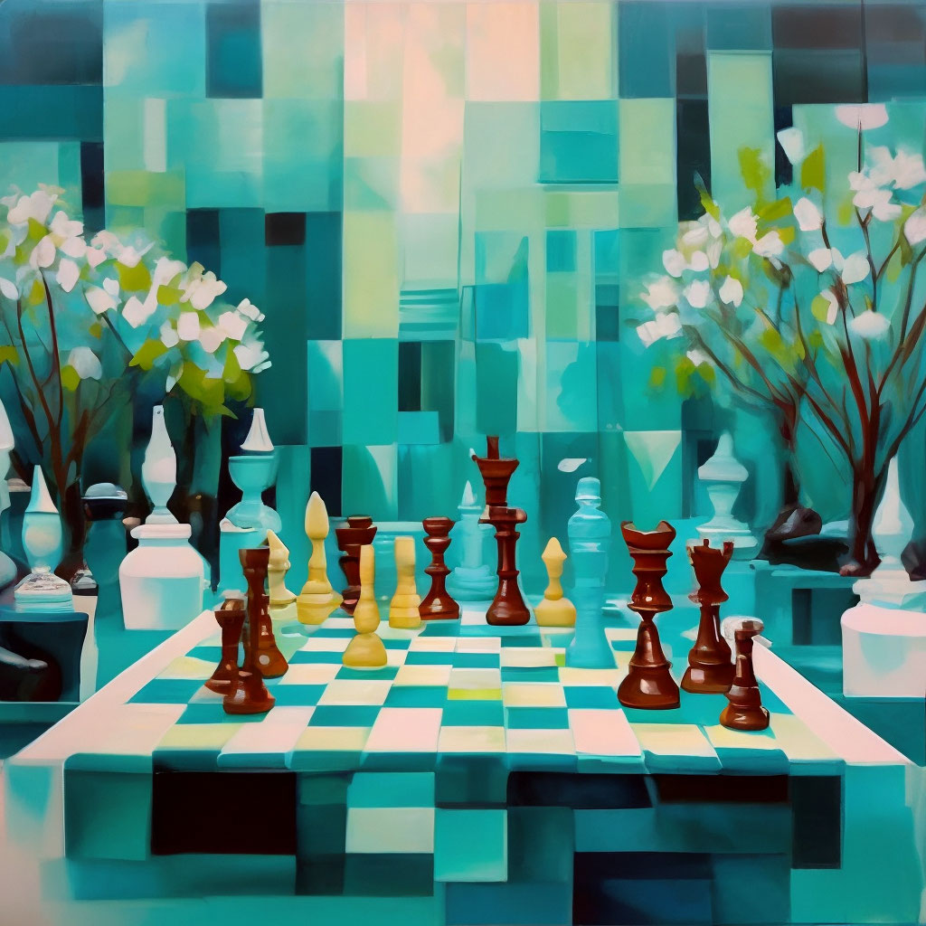 "Spring chess tournament, turquoise tones" — image created in Shedevrum