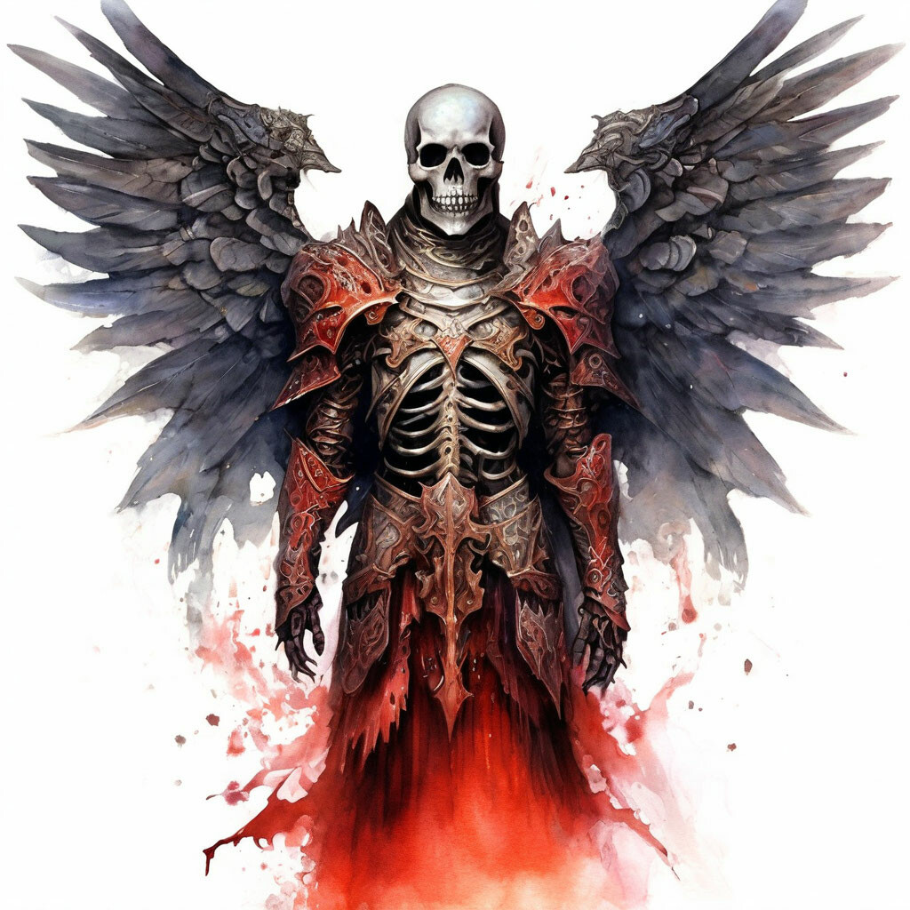 "A skeleton knight with wings on his back,with elements of Russian ...