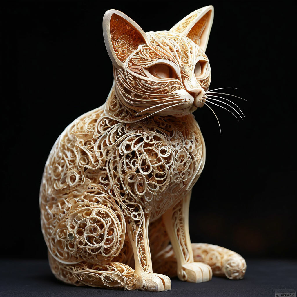 "Openwork carved lace filigree wooden cat, detailing, super realism ...