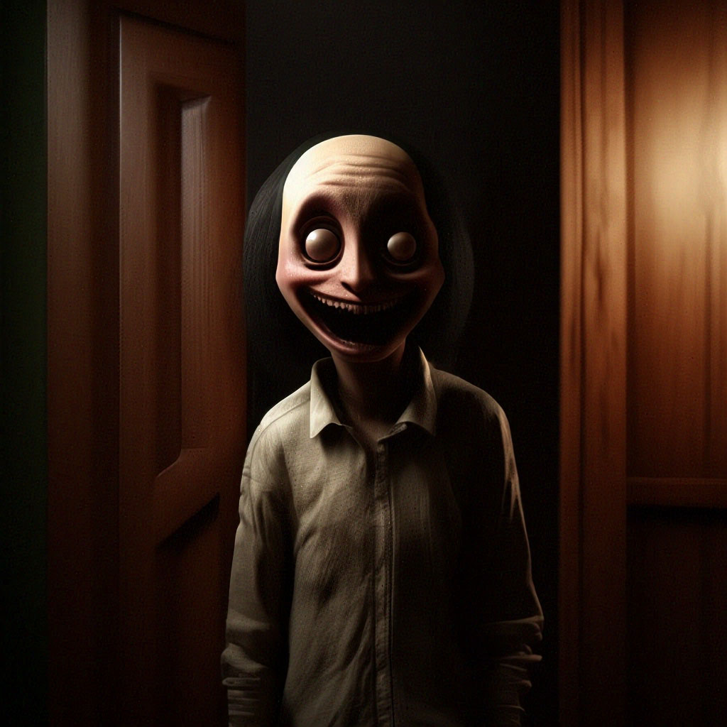 "A creepy character from the game Momo with an angular smile and eyes ...
