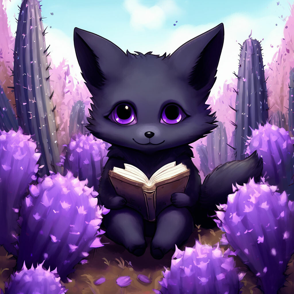 "Author: Murphy a small black fox cub cactus chibi with fox purple ears ...