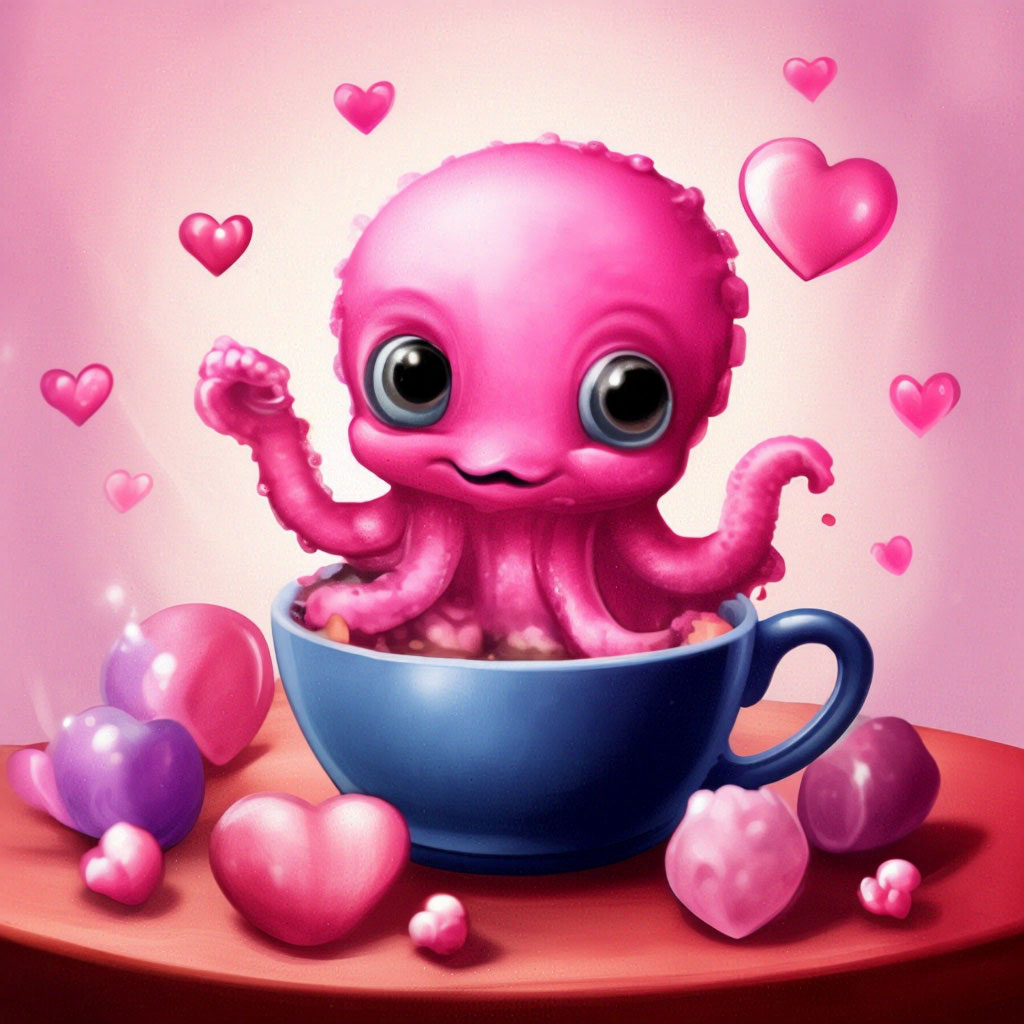 a very fat pink octopus eats candy while sitting on a round table ...