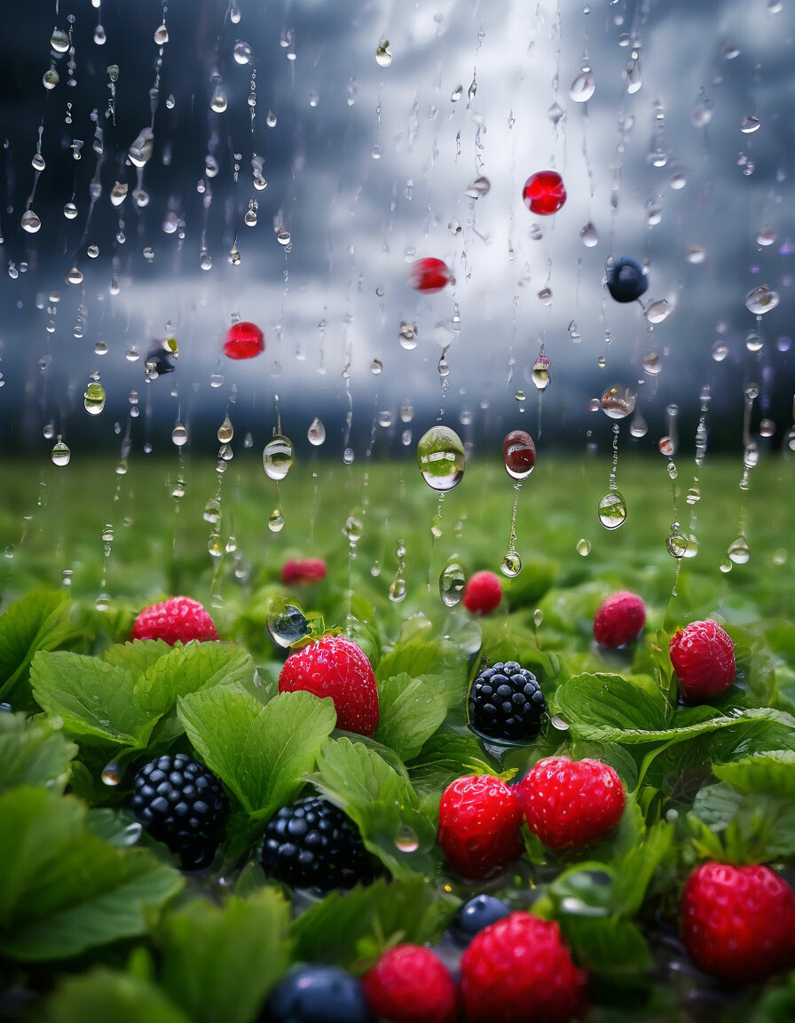 photorealism, sky before rain, berry field, rain of berries, whirlwinds ...
