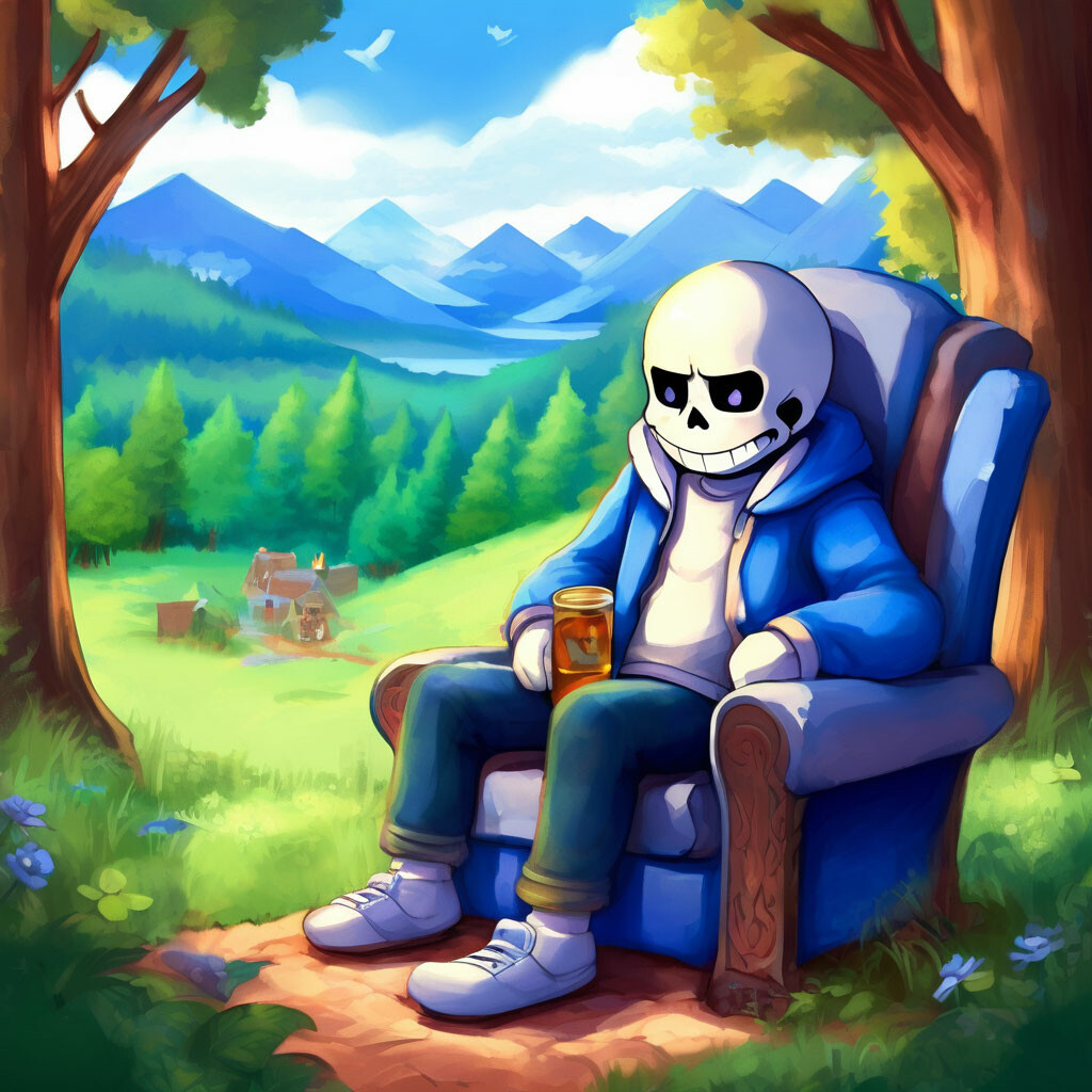 "Sans from the game Undertale is drinking tea sitting in a comfortable ...