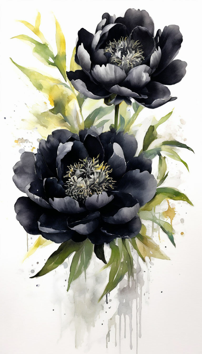 "Black black peonies with a yellow core, with green leaves, dew drops ...