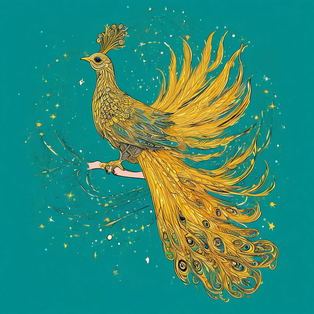 " a beautiful firebird with a peacock's tail flies through billions of ...