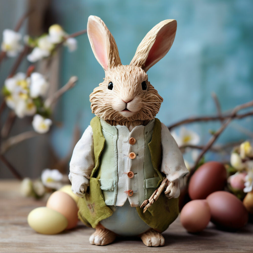 "Easter egg, willow twigs, rabbit in clothes, expressive look, Beatrice ...